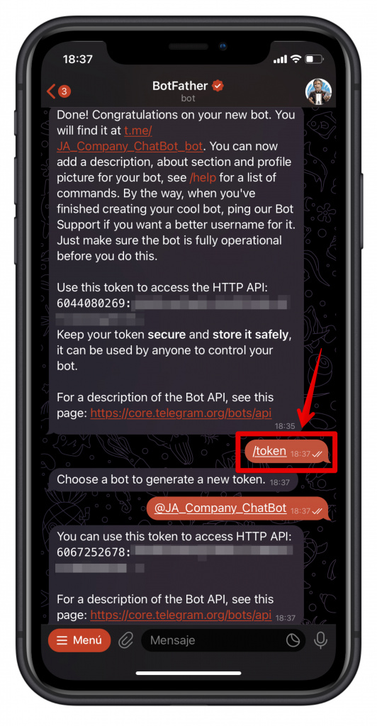 Obtener token de acceso para conectar el bot de Telegram
