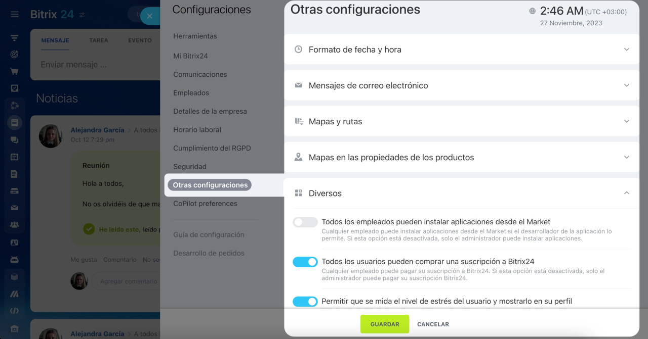 Configuraciones de Bitrix24: interfaz nueva y sección única