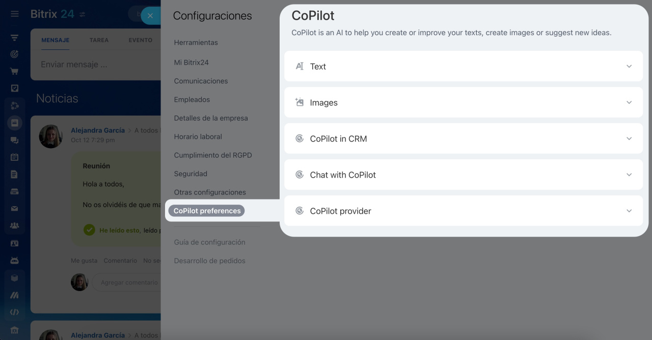 Configuraciones de Bitrix24: interfaz nueva y sección única